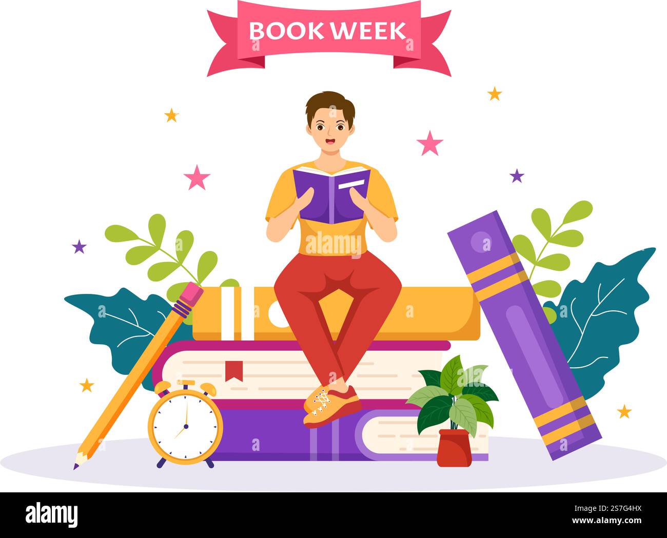 Book Week Events Vector Illustration with People Reading or Students ...