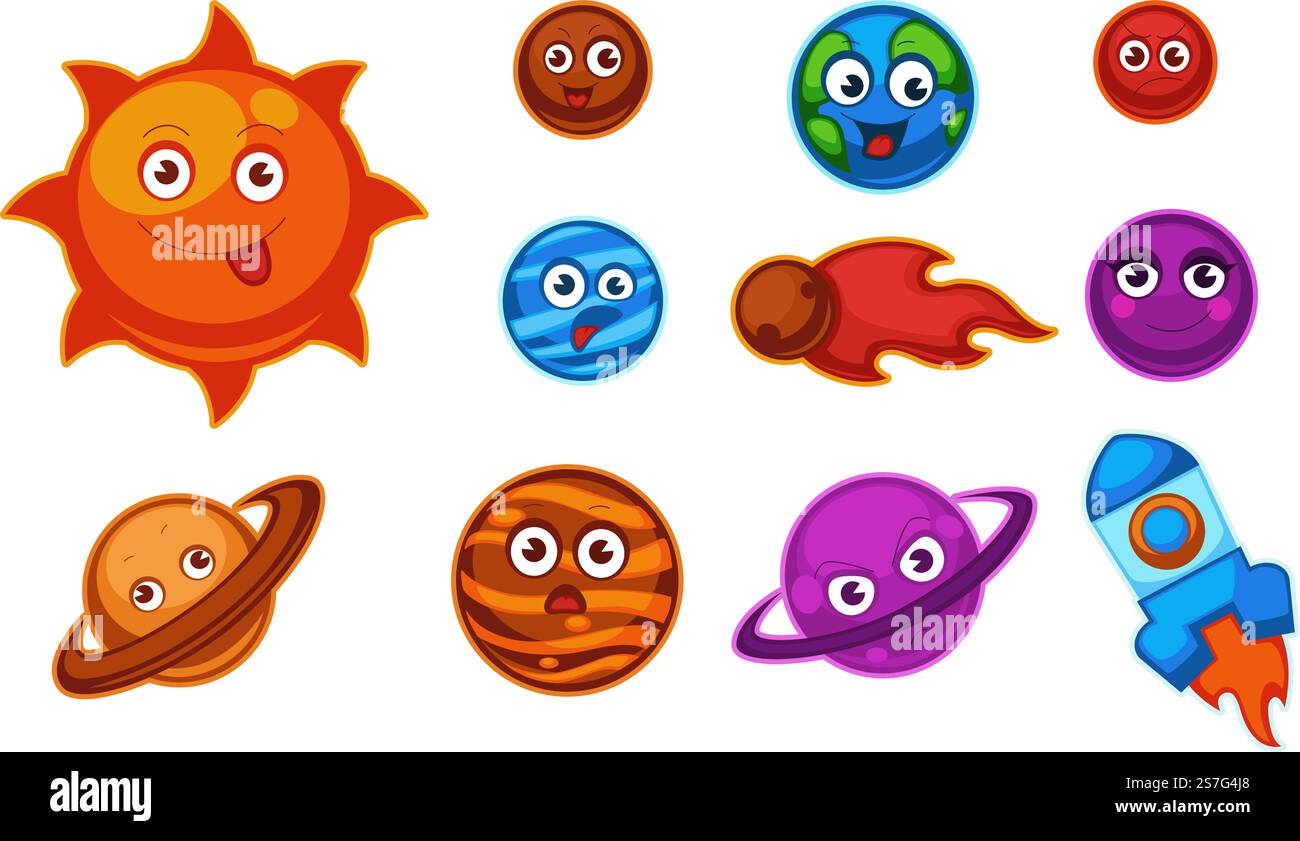 Cartoon planets and stars characters. Isolated sun and Jupiter, Earth ...