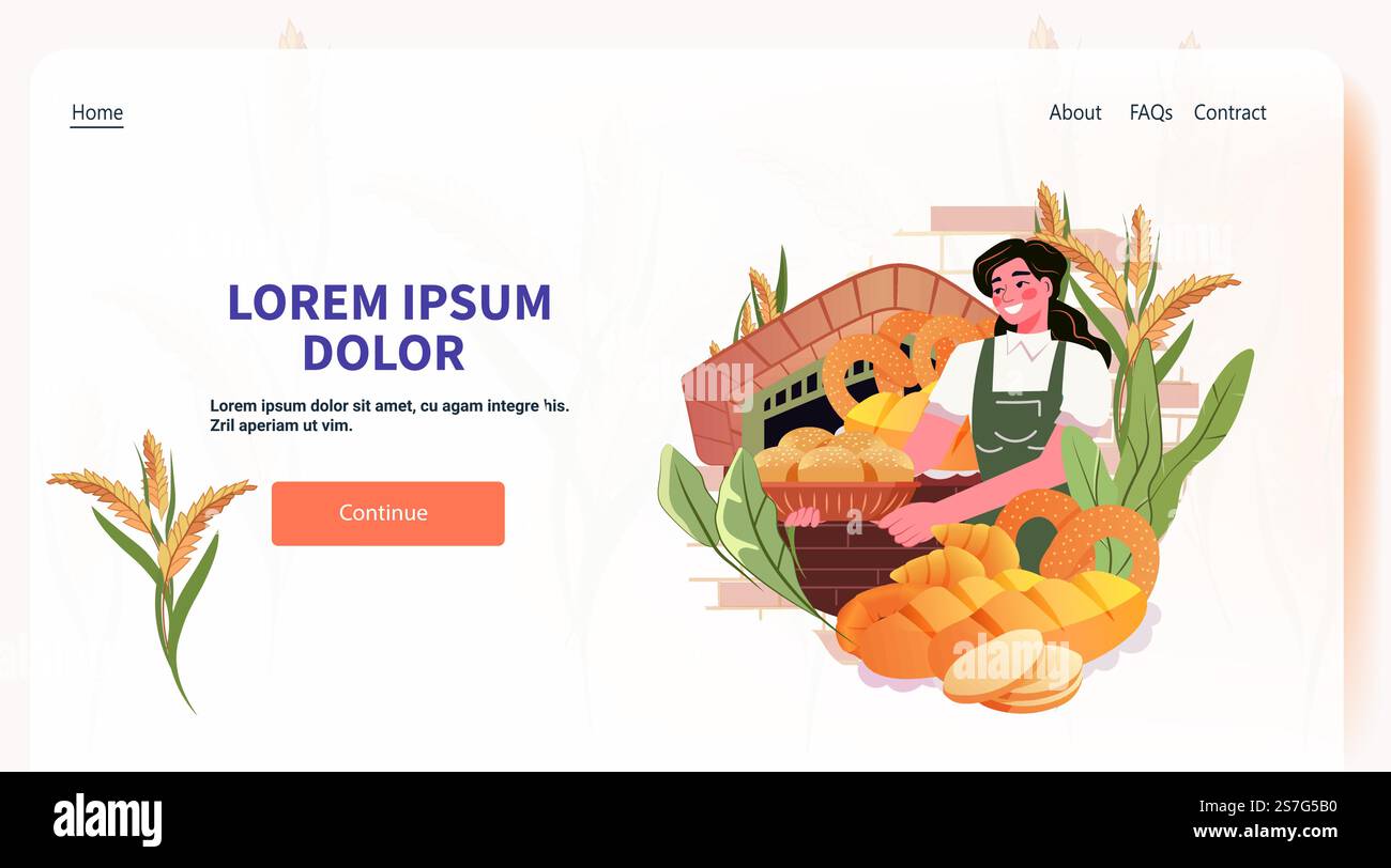 Bakery landing page design woman baker holding bread basket surrounded by wheat and baked goods ...