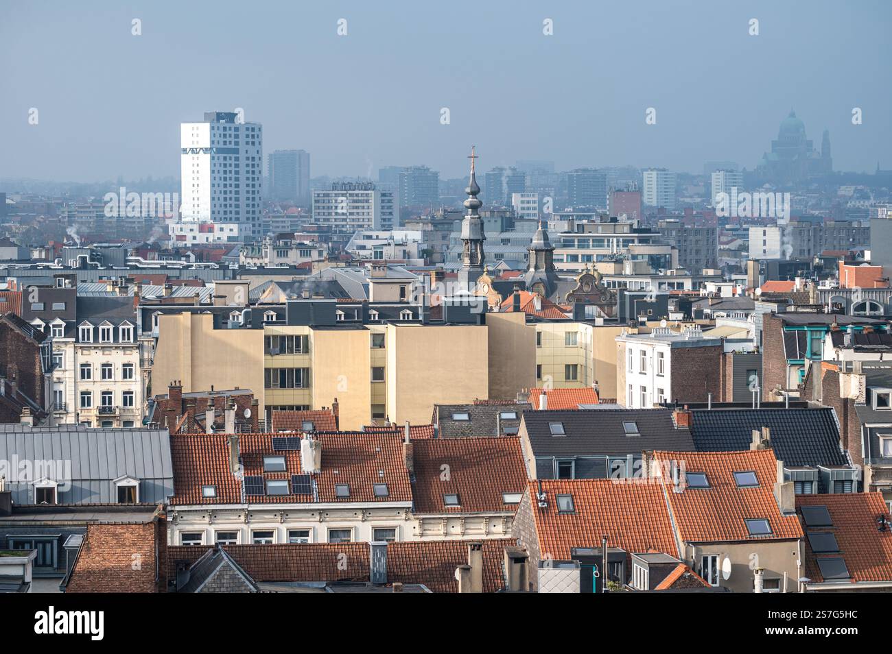 High angle view over historical rooftops and monuments in Brussels old ...