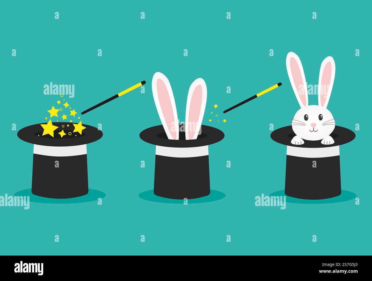 Magician’s black hat, magic hat with bunny ears. Vector flat ...