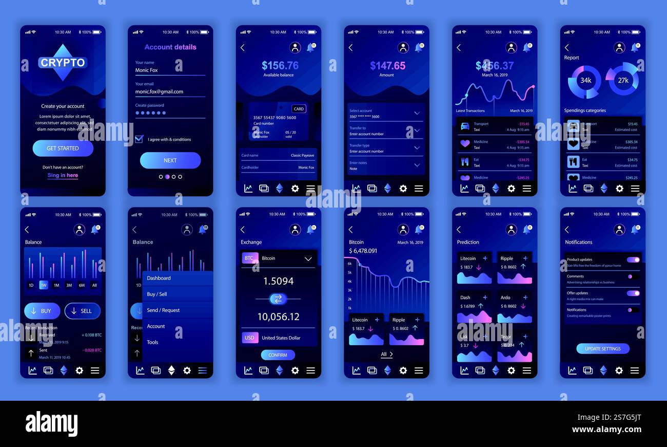 Set Of Ui Ux Gui Screens Cryptocurrency App Flat Design Template For