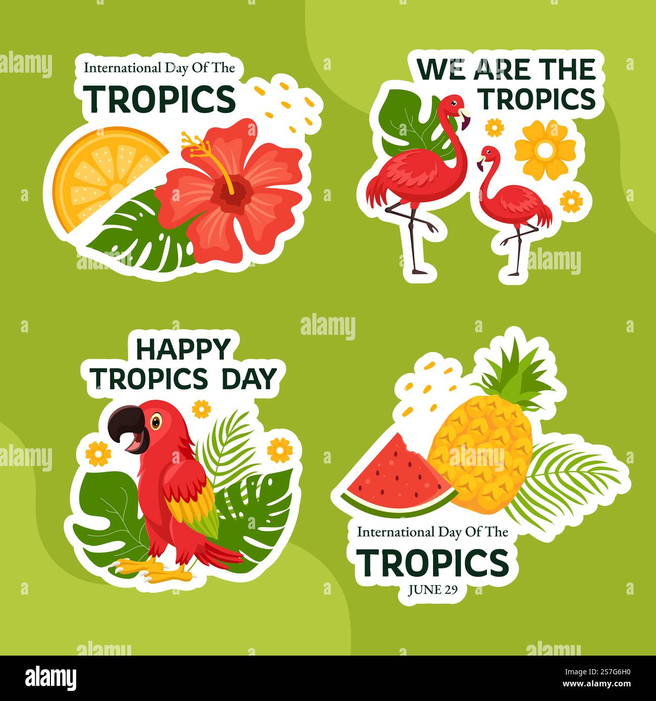 International Day of the Tropic Celebration Label Flat Cartoon Hand ...