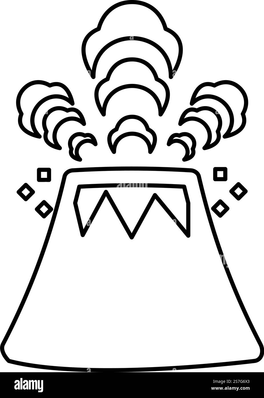 Volcano spewing lava and rocks contour outline line icon black color ...