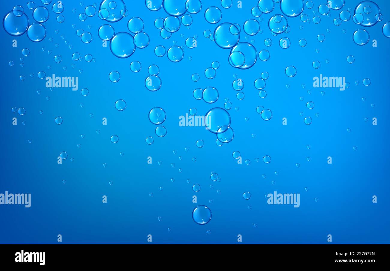 Fizzy bubbles rise in blue water. Clear spherical formations create sparkling effervescent ...