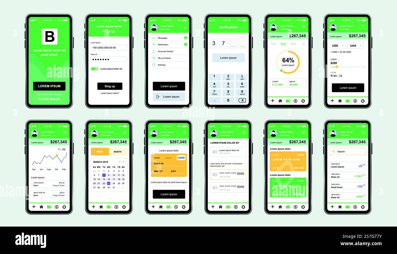 Online banking unique design kit for app. Mobile wallet screens with ...