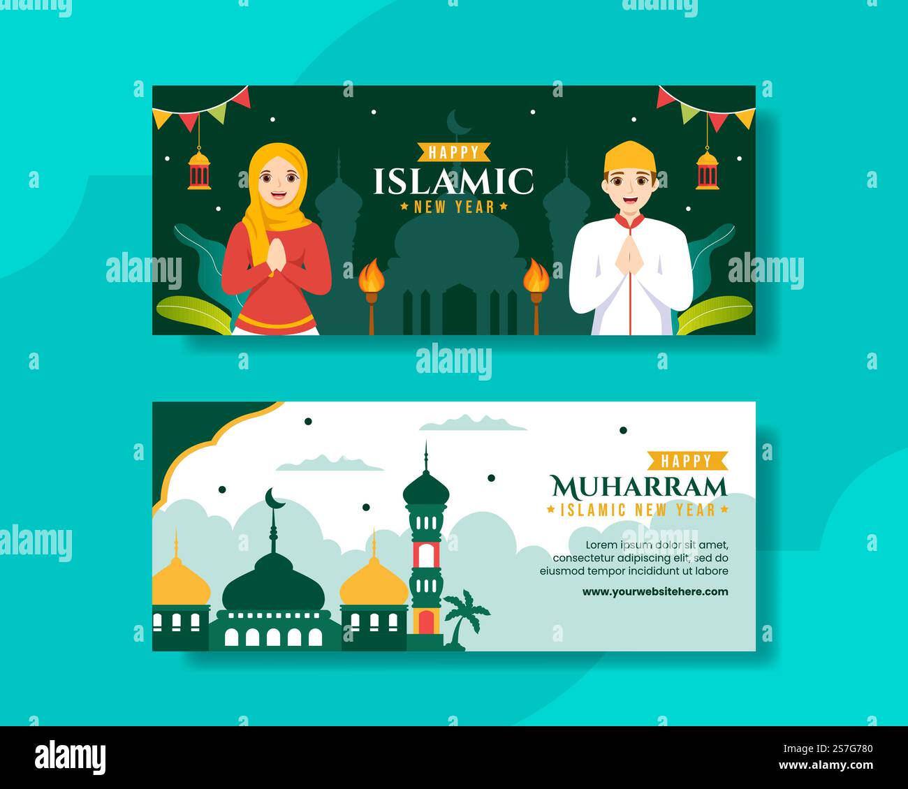 Happy Muharram Islamic New Year Horizontal Banner Cartoon Hand Drawn ...
