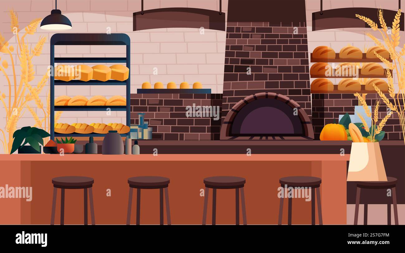 Bakery interior with bread shelves cozy cafe scene with brick oven bar ...