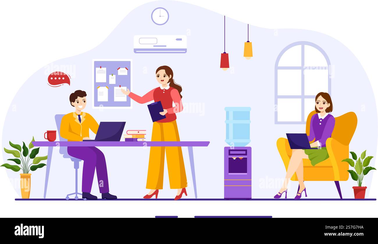 Coworking Business Vector Illustration with Colleagues Talking, Meeting and Working at the ...