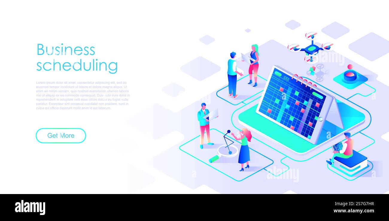 Business scheduling isometric landing page vector template. Effective time management website ...