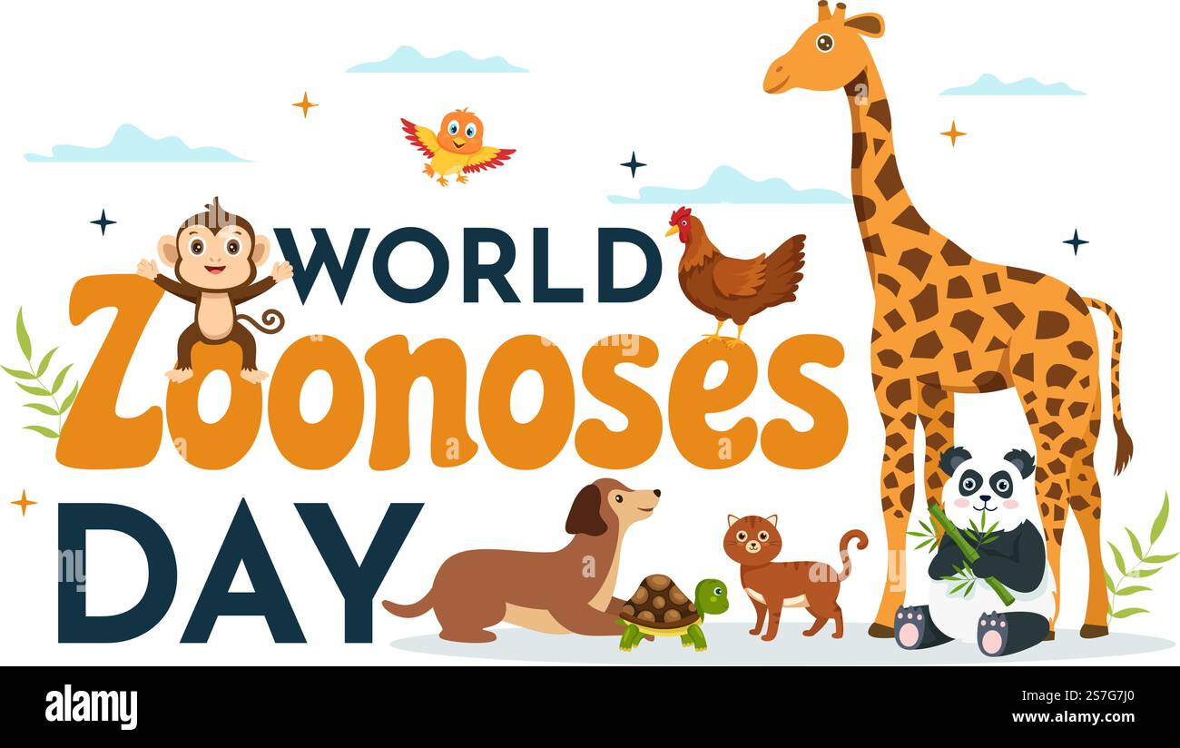 World Zoonoses Day Vector Illustration on 6 July with Various Animals ...