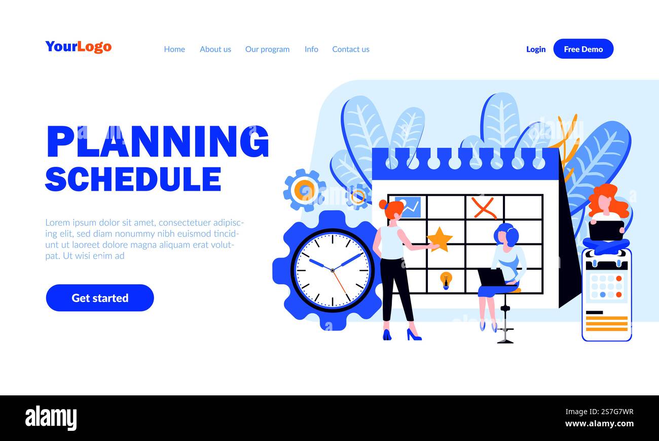 Planning schedule flat landing page template with header. Work time use ...