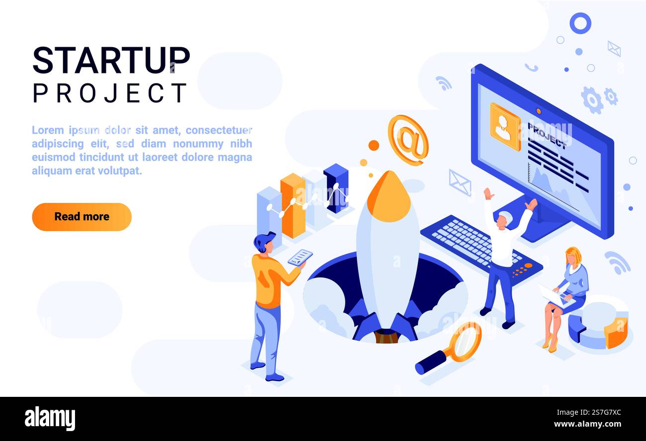 Startup project landing page vector template with isometric ...