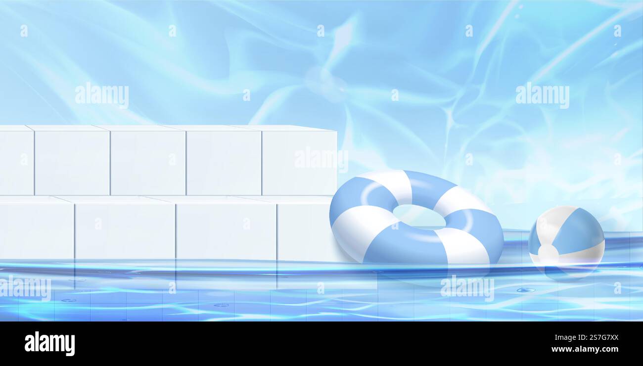 White podium with swimming pool water and floating inflatable ring ...