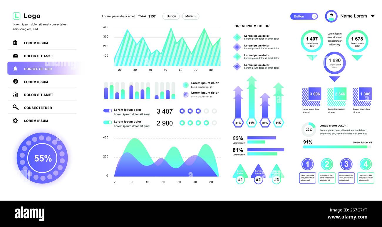 Dashboard UI. Admin panel vector design template with infographic ...