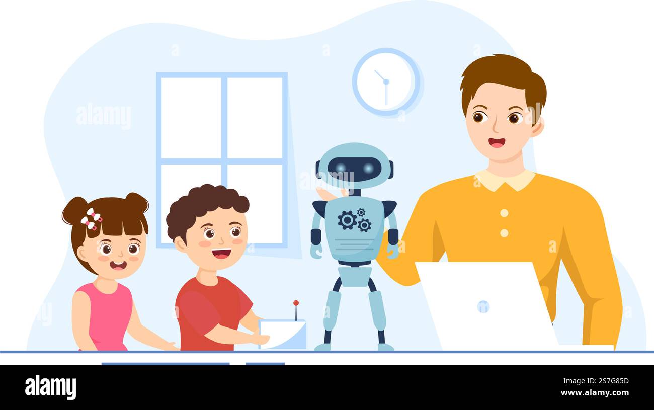Robotics School Vector Illustration with Kids Robotic Project to ...