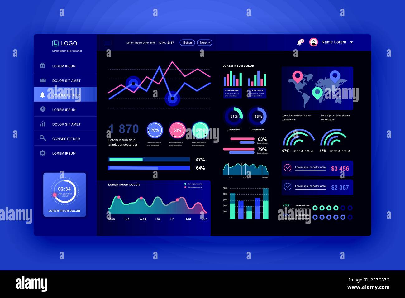 Dashboard UI. Admin panel vector design template with infographic elements, HUD diagram, info ...