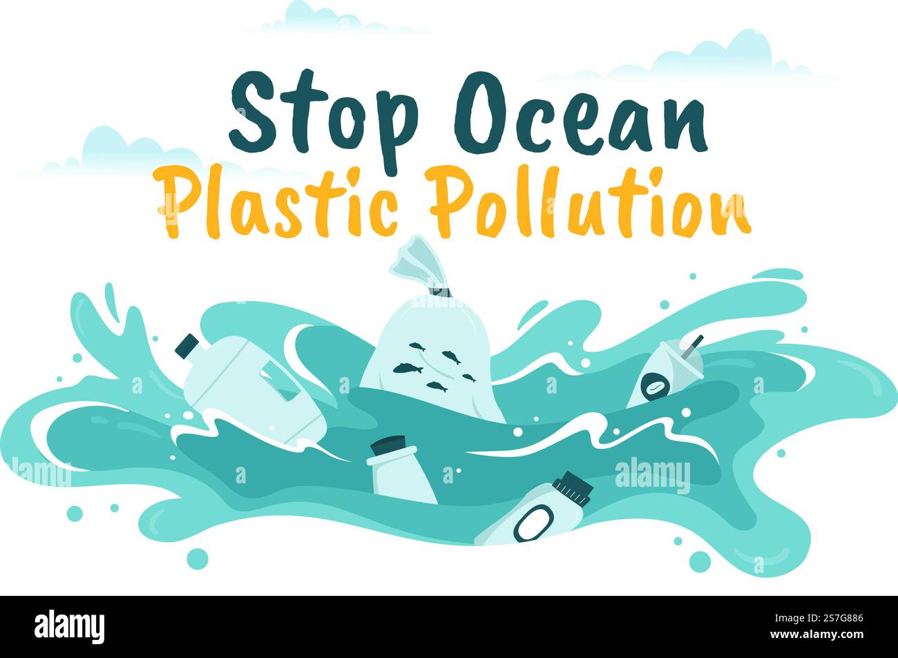 Stop Ocean Plastic Pollution Vector Illustration with Trash Under the ...