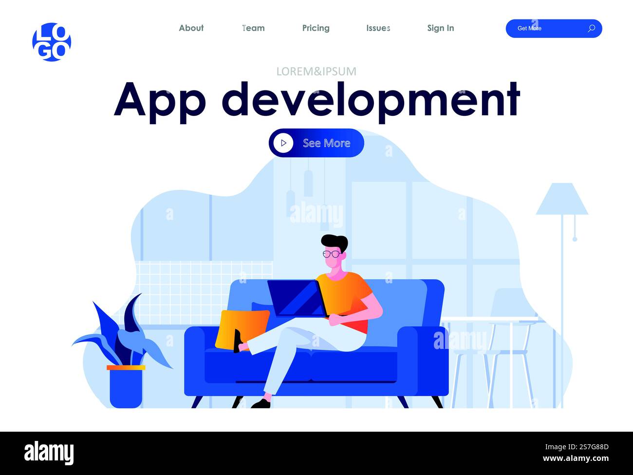 App Development Flat Landing Page Design Programmer Working At Home On Sofa Scene With Header