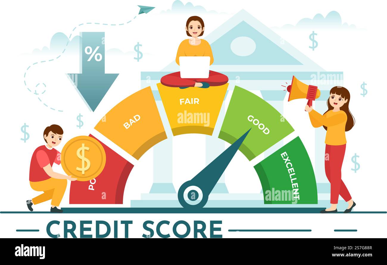 Credit Score Vector Illustration with Loan Arrow Gauge Speedometer ...