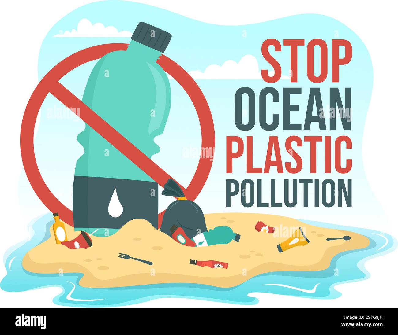 Stop Ocean Plastic Pollution Vector Illustration with Trash Under the ...