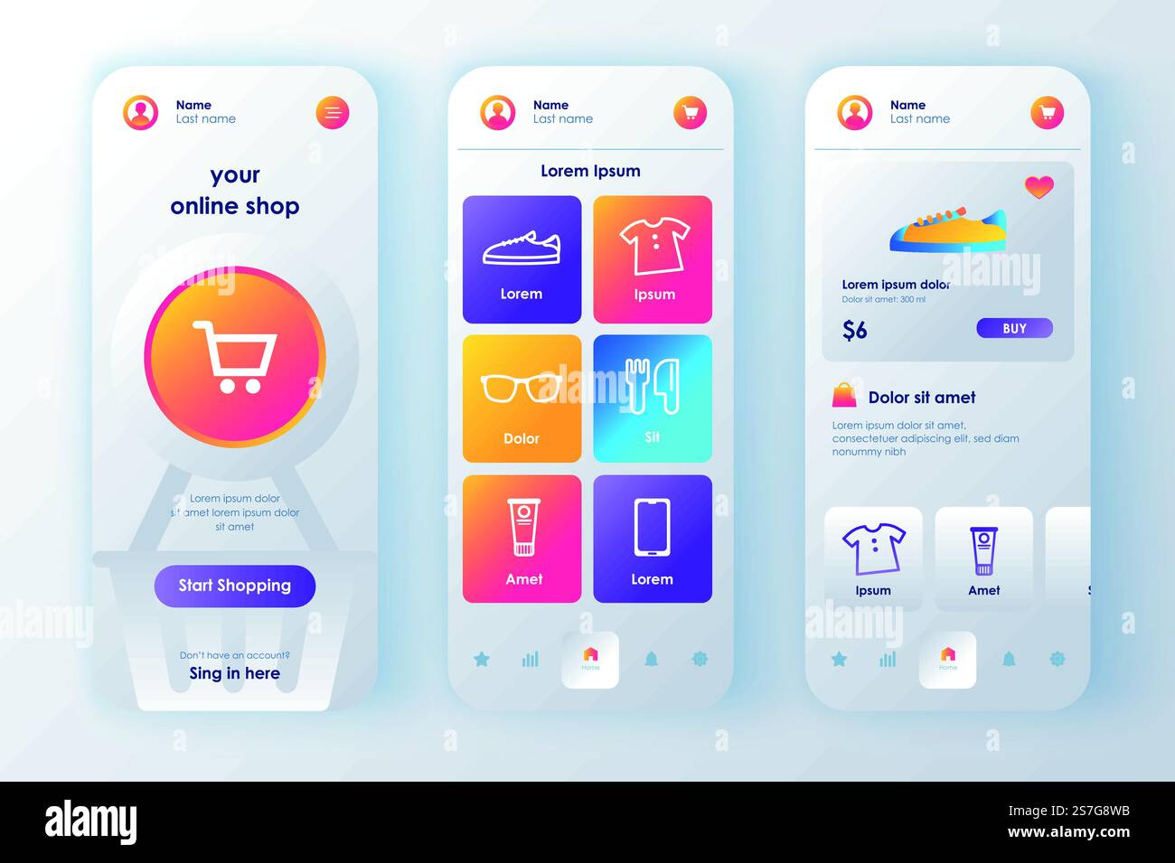 Online shopping unique neomorphic design kit. Shopping app with order ...