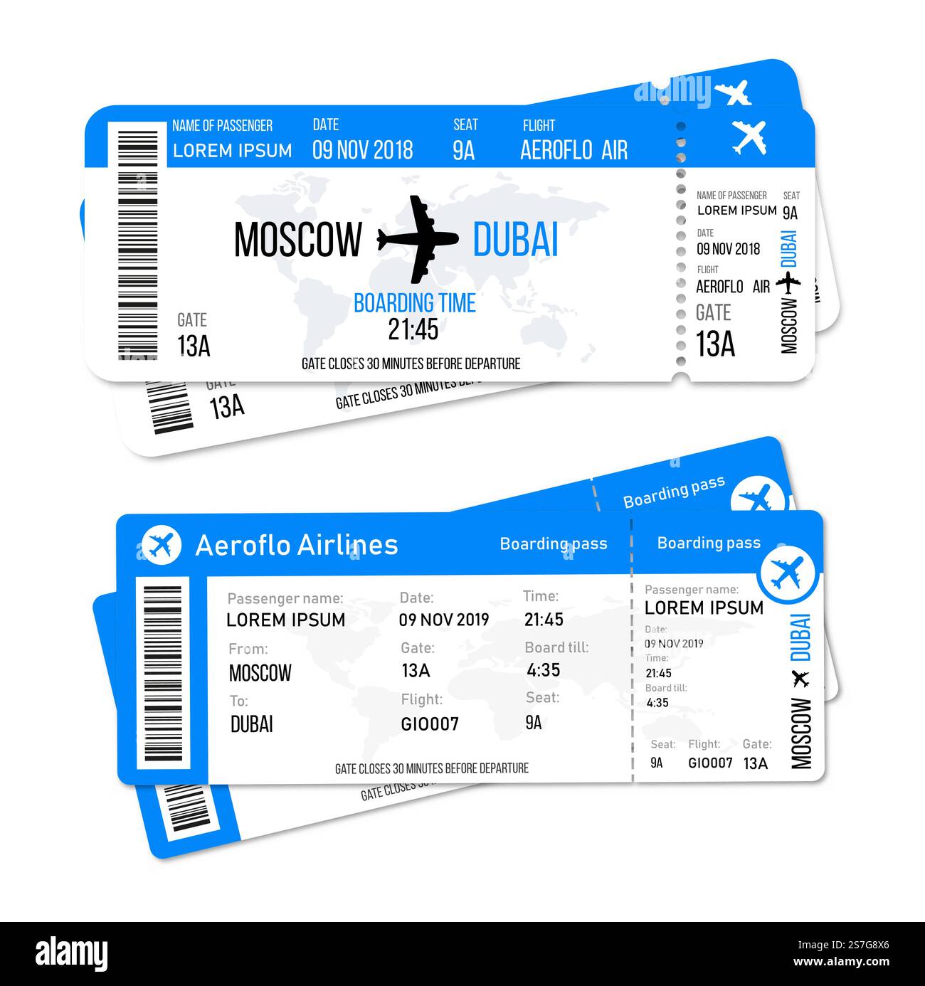Realistic airline ticket design with passenger name. Vector ...