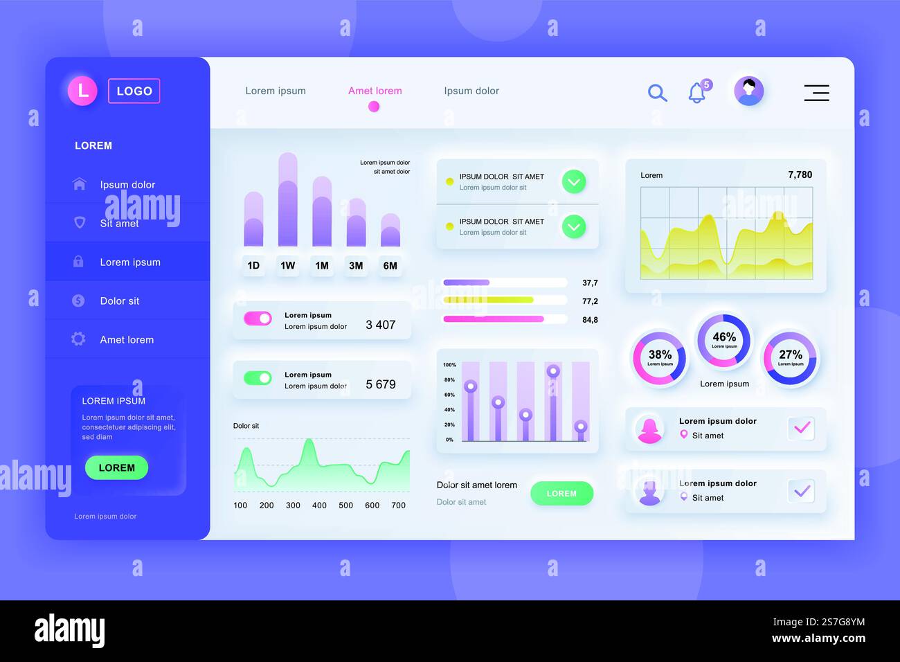 Neumorphic dashboard UI kit. Admin panel vector design template with ...