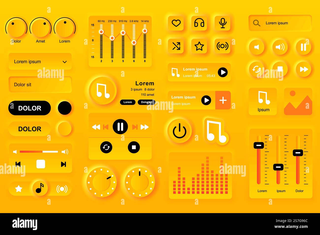 User interface elements for music player mobile app. Equalizer settings, playlist with ...