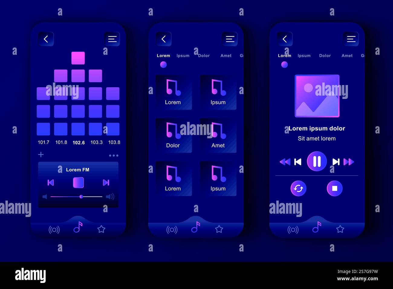 Music player unique neomorphic dark design kit. Audio app with graphic ...