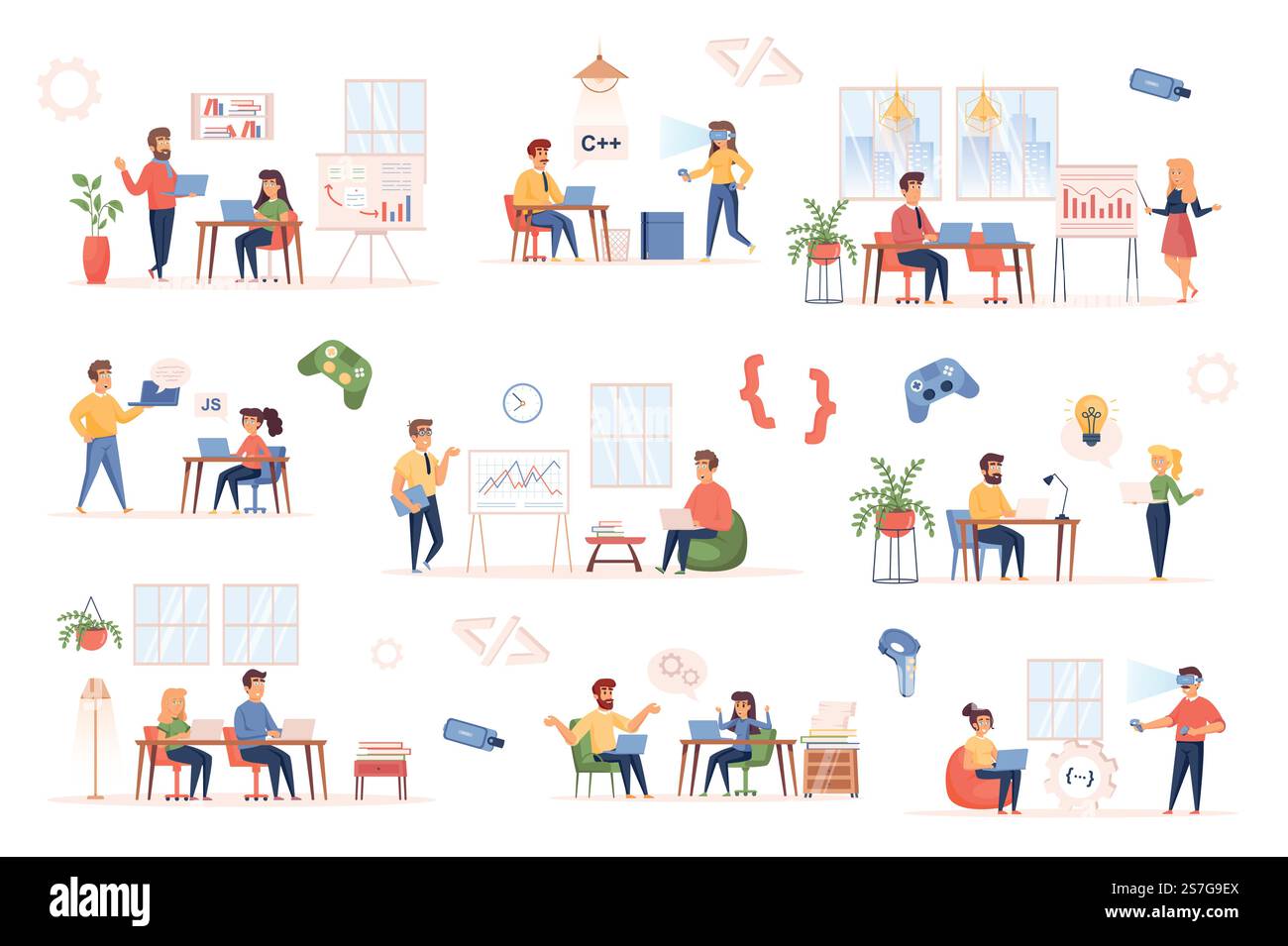 Development company bundle of flat scenes. Workflow process isolated ...