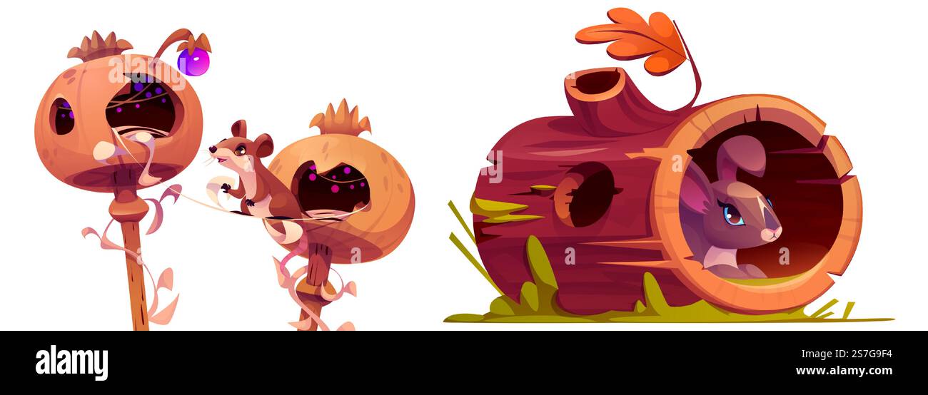 Forest animals in tree holes isolated on white background. Vector ...