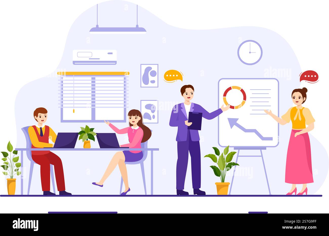 Coworking Business Vector Illustration with Colleagues Talking, Meeting and Working at the ...