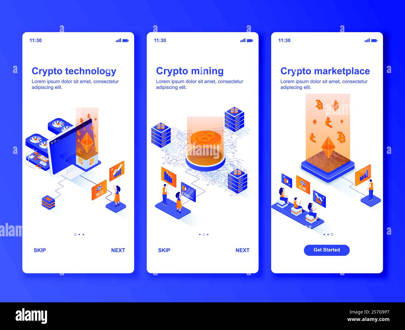 Crypto technology isometric design kit. Crypto mining and marketplace ...