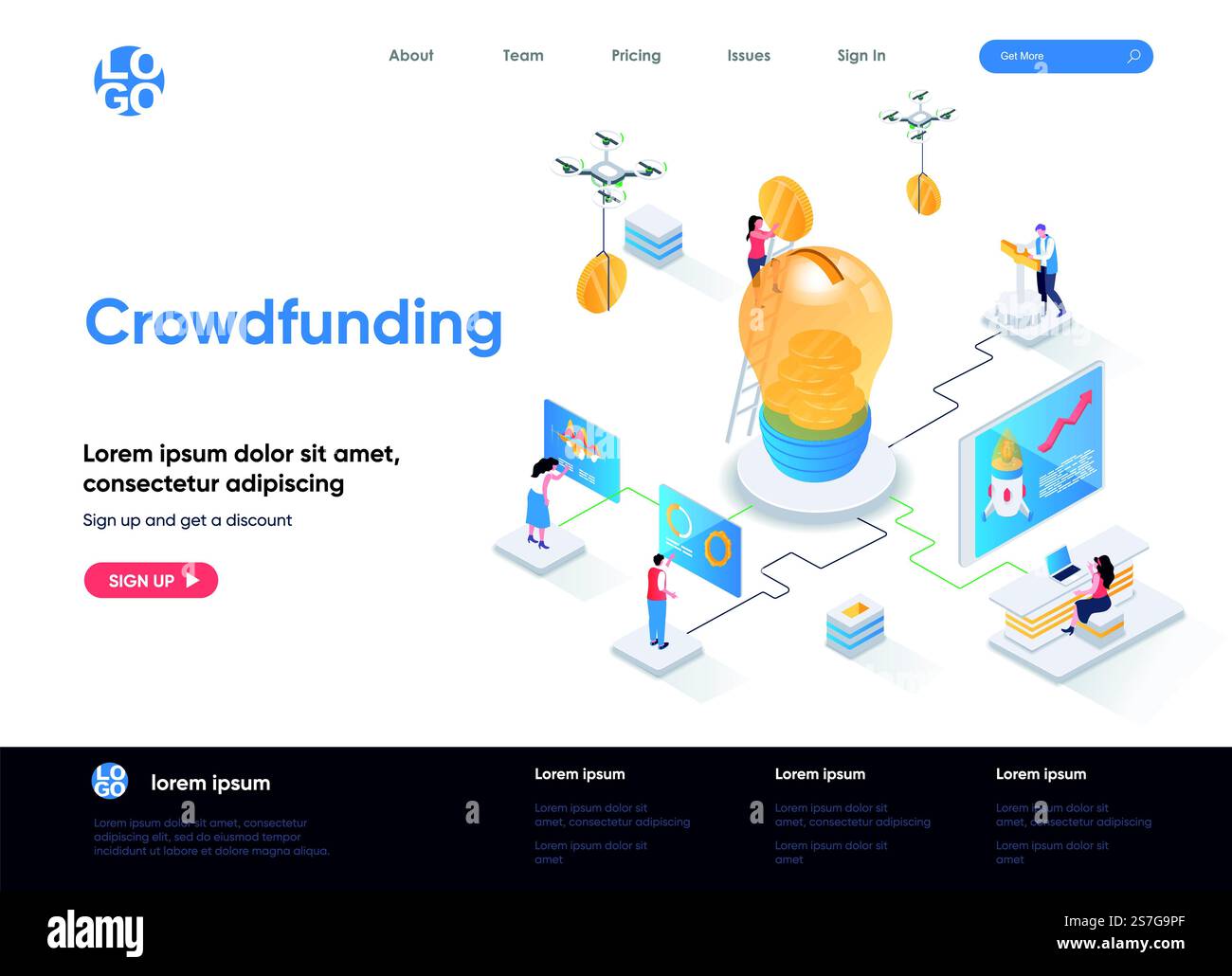 Crowdfunding isometric landing page. Investment into idea or business ...