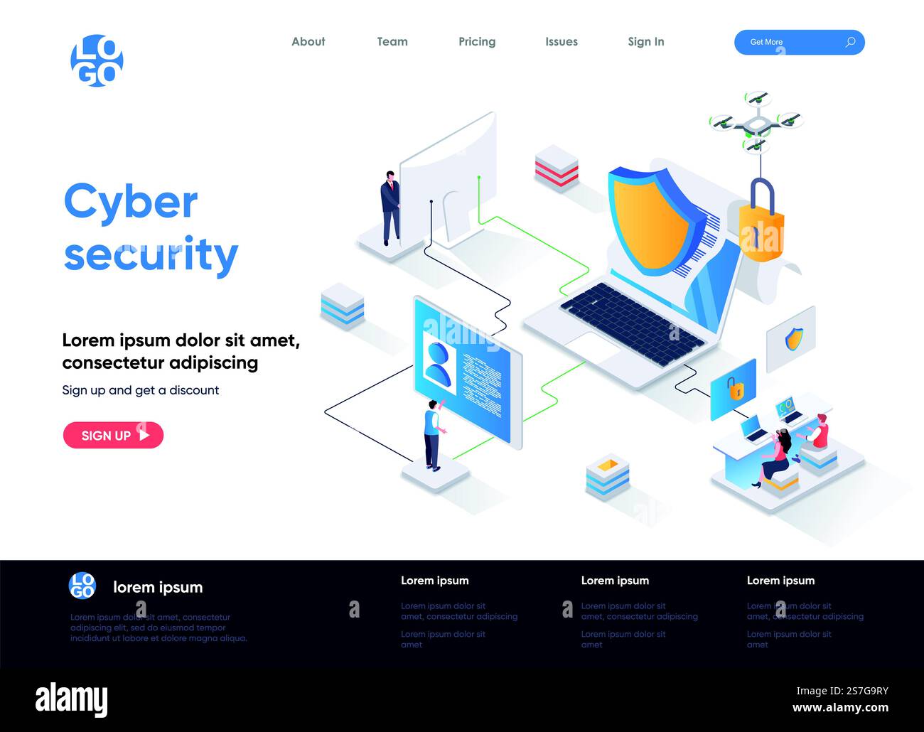 Cyber security isometric landing page. Internet privacy, password access, firewall software and ...