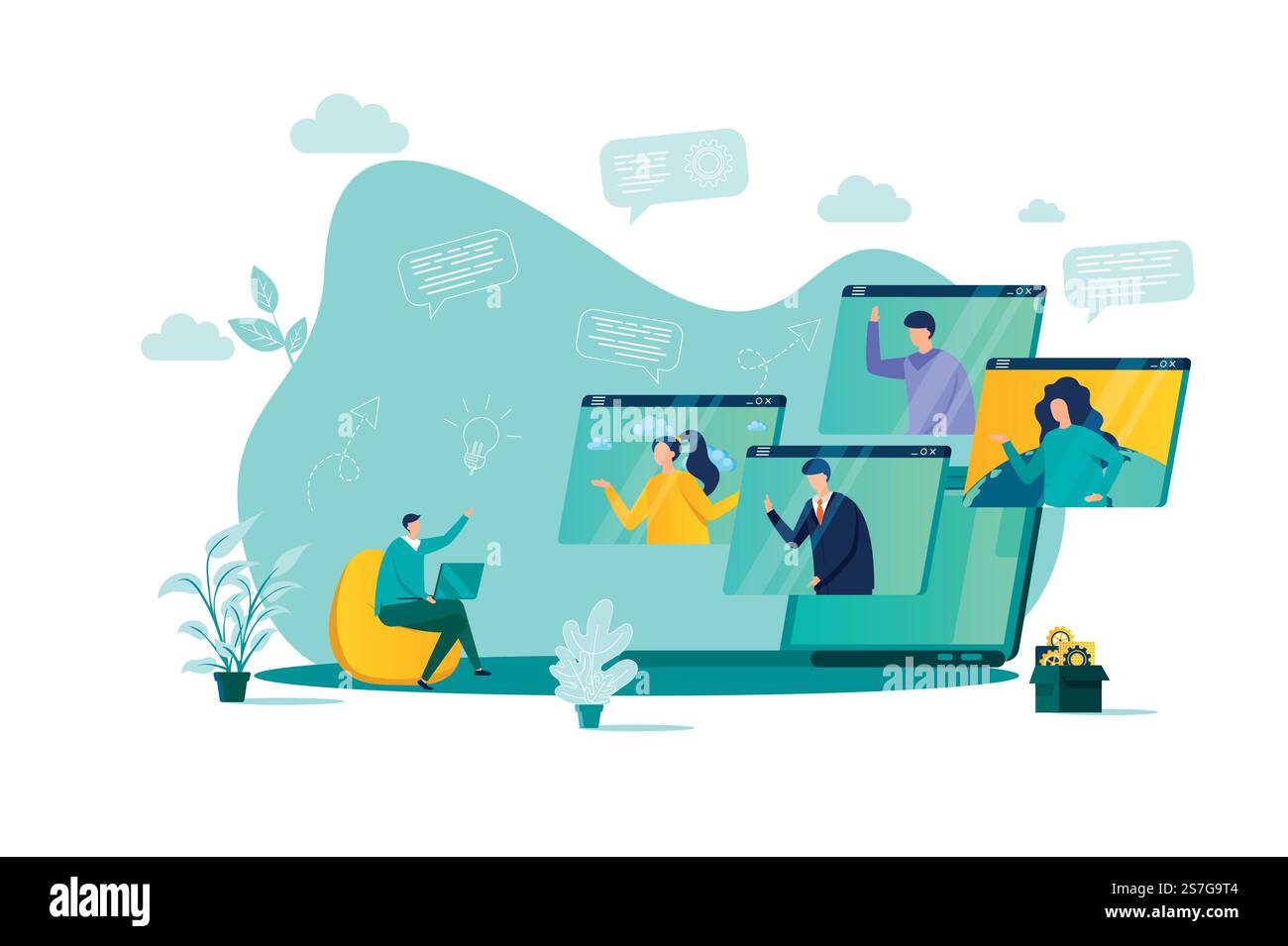 Video conference concept in flat style. Team members discussing project ...