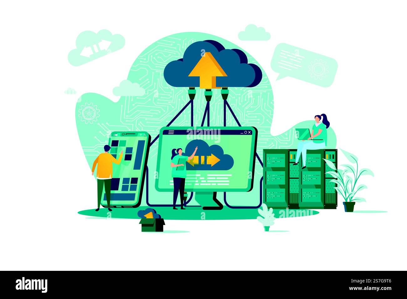 Cloud computing concept in flat style. IT specialists administrate cloud storage scene. Hosting ...