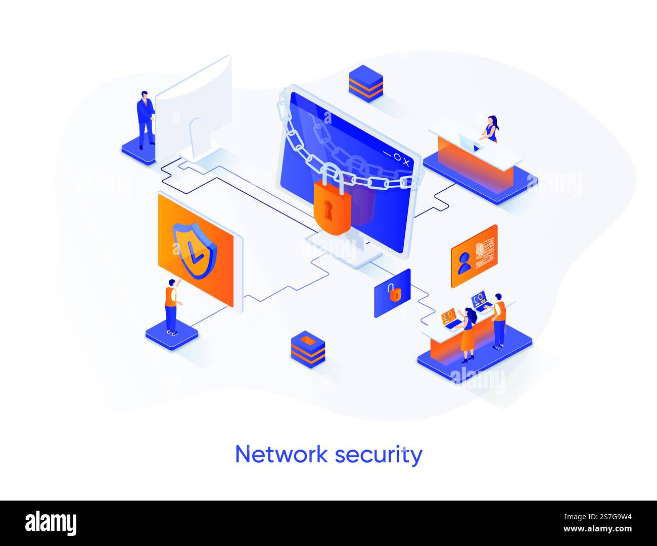 Network security isometric web banner. Firewall software, password identification and privacy ...
