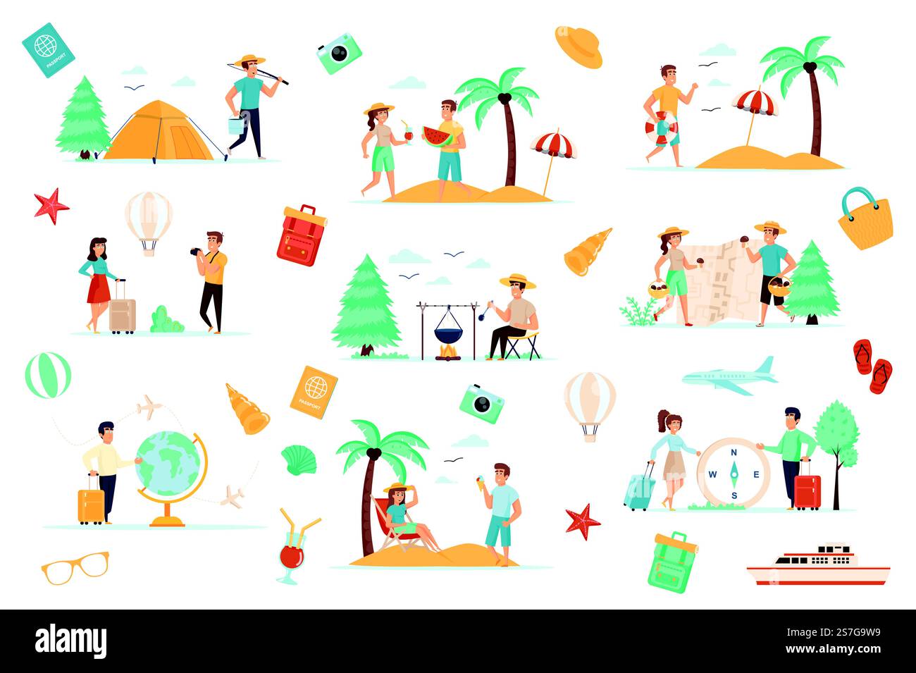 Adventure tourism bundle of flat scenes. Camping in forest, summertime ...