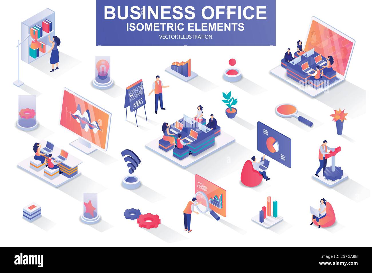 Business office bundle of isometric elements. Business analytics ...