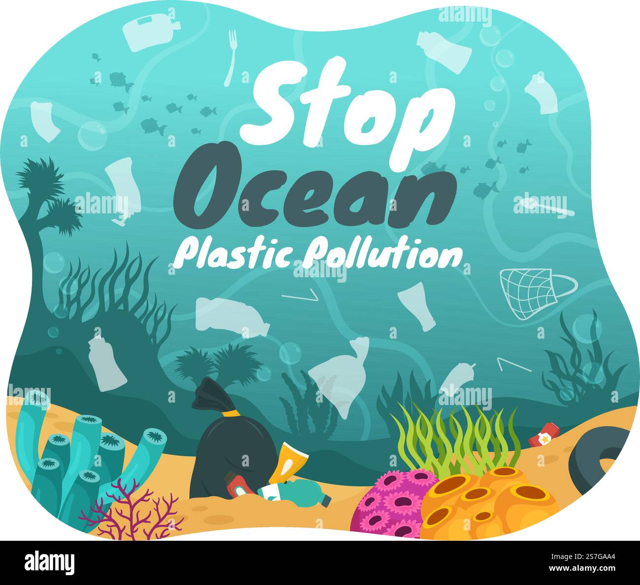 Stop Ocean Plastic Pollution Vector Illustration with Trash Under the ...