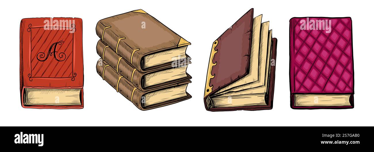 Retro book. Open, closed and stack of encyclopedia or dictionary ...