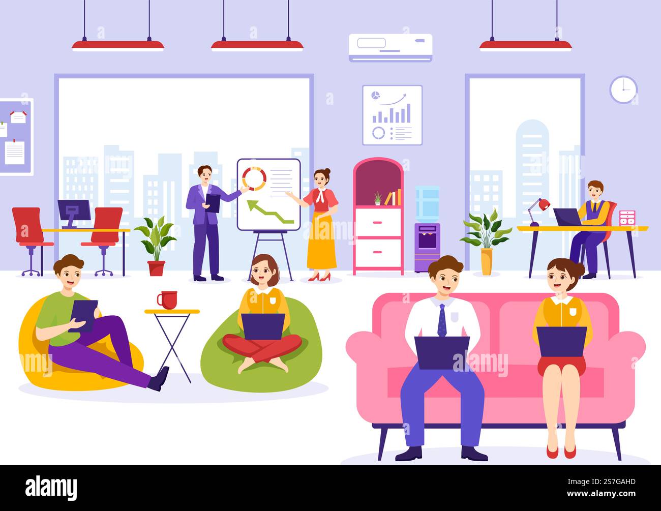 Coworking Business Vector Illustration with Colleagues Talking, Meeting ...