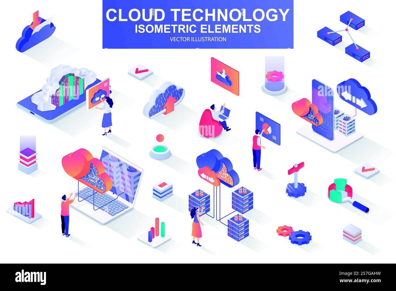 Cloud technology bundle of isometric elements. Server rack, hosting ...