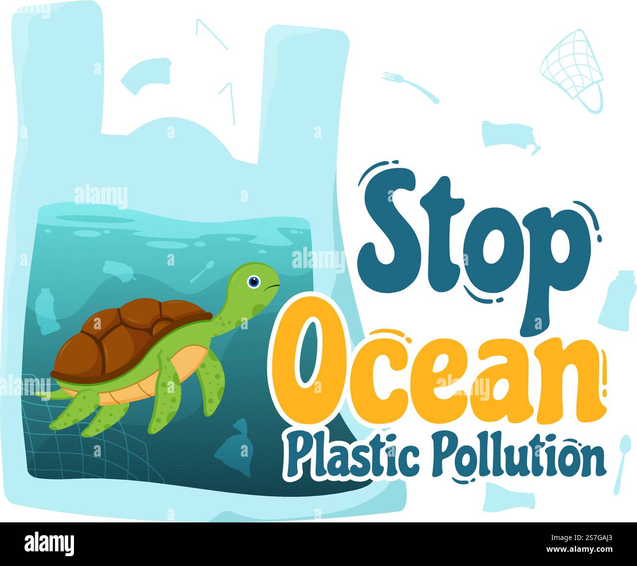 Stop Ocean Plastic Pollution Vector Illustration with Trash Under the ...