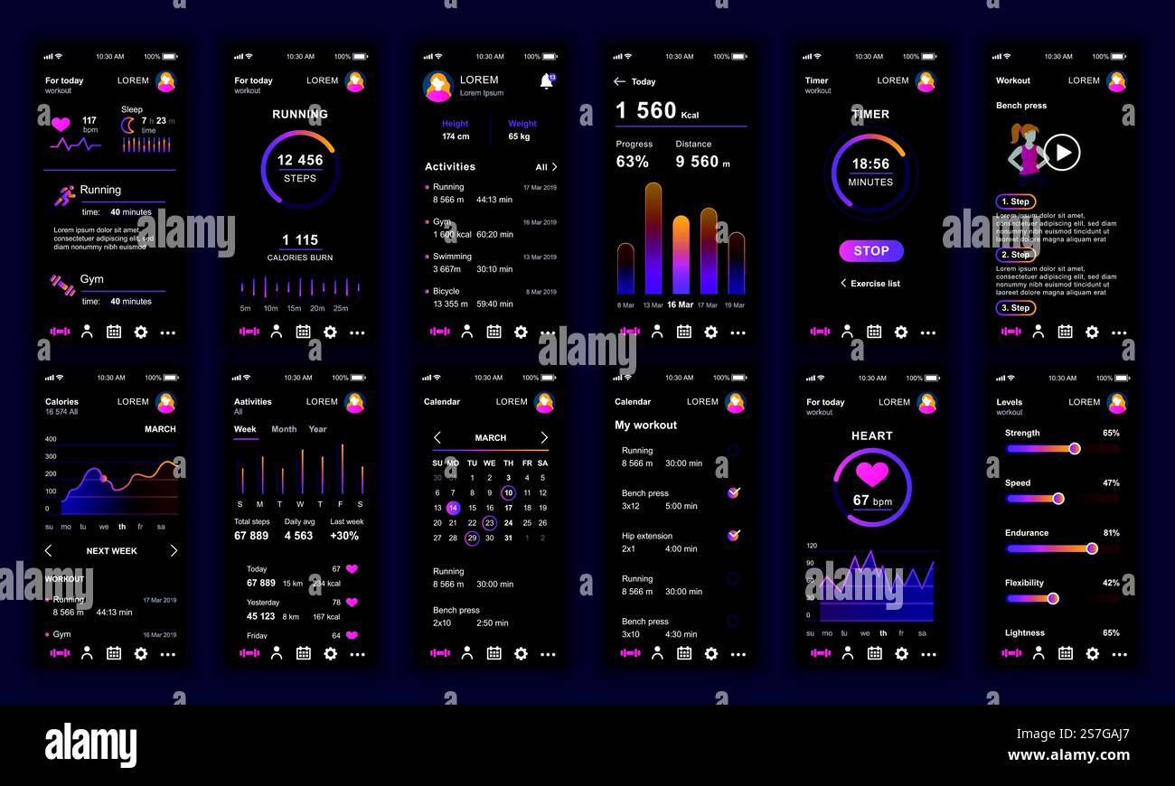 Set of UI, UX, GUI screens Fitness app flat design template for mobile ...