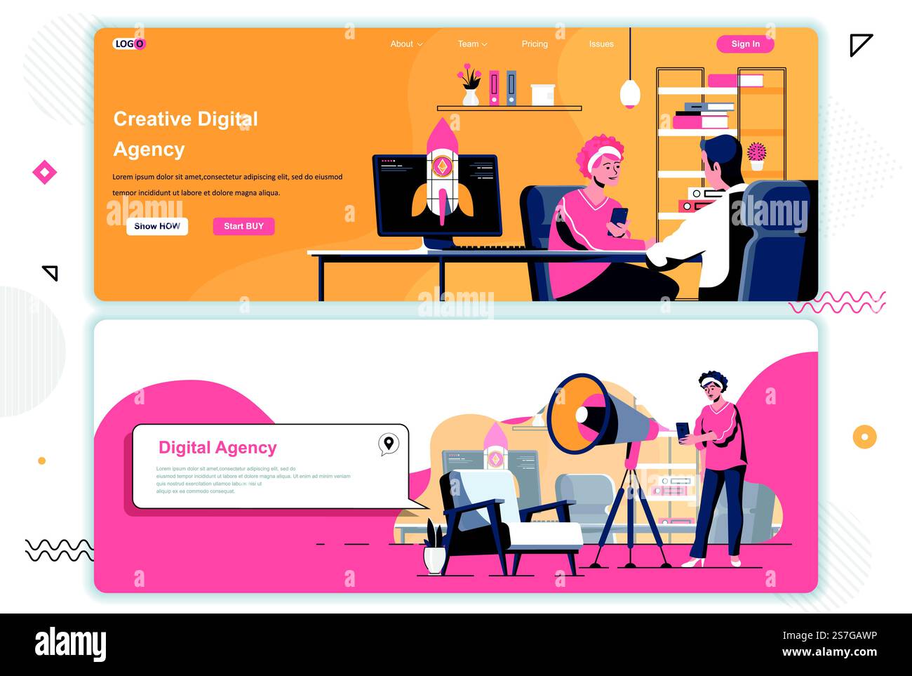 Creative agency landing pages set. Idea generation workflow, project launch corporate website ...