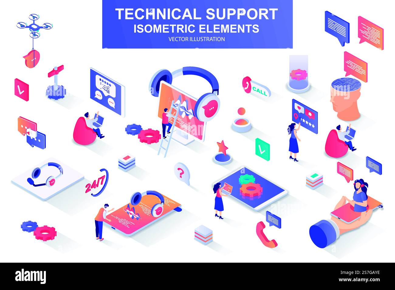 Technical support bundle of isometric elements. Chatbot, call center ...
