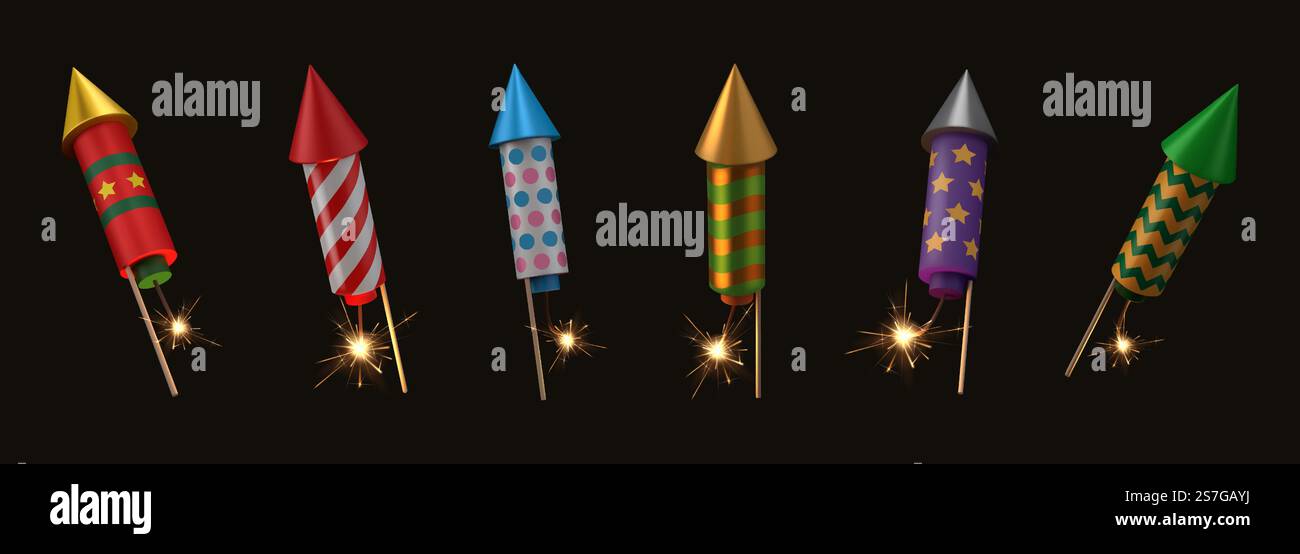 Firework rocket. 3D firecracker. Realistic celebrate fire cracker ...
